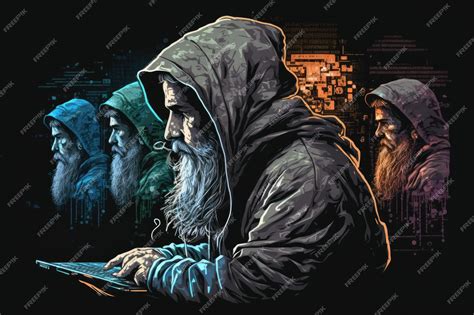 Side View Of Bearded Hacker With A Hoodie Using Multiple Screens For Cyberterrorism Premium Ai