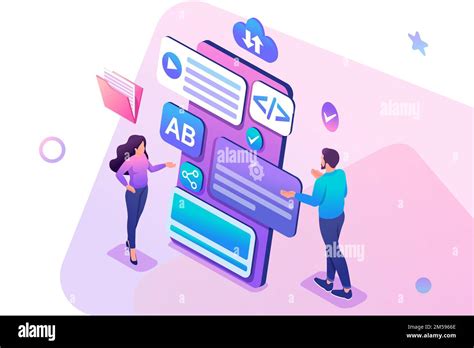 Isometric Concept Young Girl And Boy Develop Mobile Application For