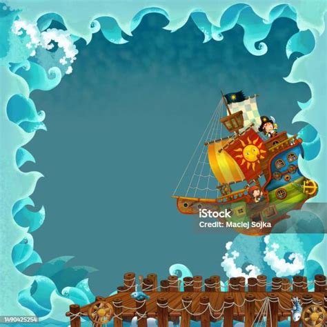 아이들을 위한 텍스트 삽화를 위한 공간이 있는 프레임 테두리 해적 테마가 있는 만화 장면 Regatta에 대한 스톡 벡터 아트