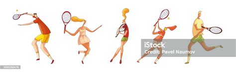 남자와 여자 운동선수 스포츠웨어 라켓 연주 테니스 벡터 세트 개체 그룹에 대한 스톡 벡터 아트 및 기타 이미지 개체 그룹 경쟁 남자 Istock
