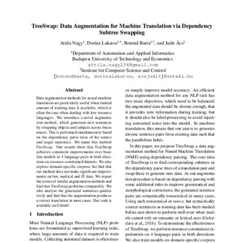 Treeswap Data Augmentation For Machine Translation Via Dependency Subtree Swapping Acl Anthology