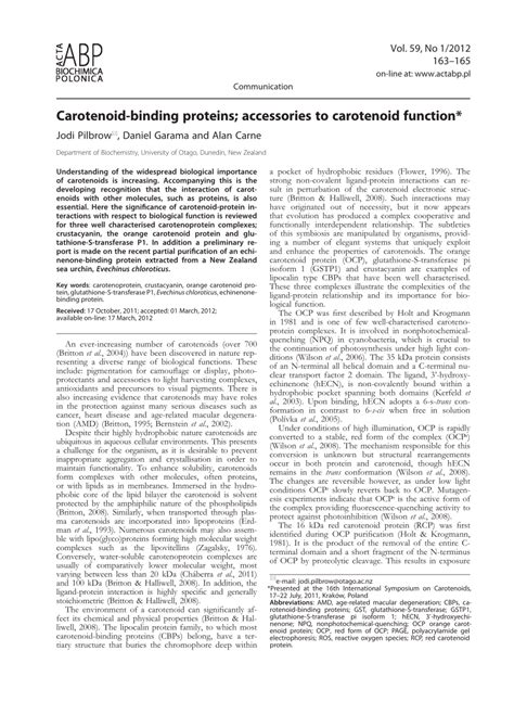 Pdf Carotenoid Binding Proteins Accessories To Carotenoid Function