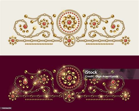 소용돌이가있는 바로크 테두리 모티브 금 보석 체인으로 만든 장식 루비 보석 결정체에 대한 스톡 벡터 아트 및 기타 이미지 결정체 귀한 보석 금 금속 Istock