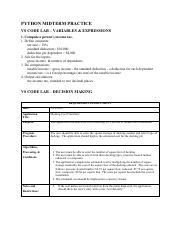 PYTHON MIDTERM PRACTICE Pdf PYTHON MIDTERM PRACTICE VS CODE LAB VARIABLES EXPRESSIONS