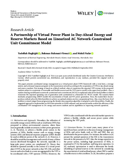 Pdf A Partnership Of Virtual Power Plant In Day Ahead Energy And Reserve Markets Based On