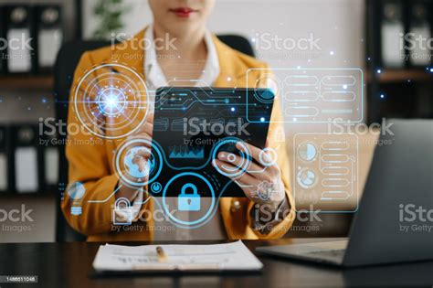 Cyber Security Data Protection Business Working On Compute Intelligenc Digital Tablet Global