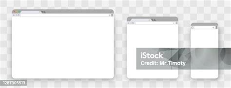 브라우저 모형 다른 장치에 대한 평면 빈 브라우저 창의 집합 Pc 태블릿 및 휴대 전화에 템플릿 브라우저 창 투명 한 배경에 빈 브라우저 창 도구 모음이 있는 빈 웹 페이지