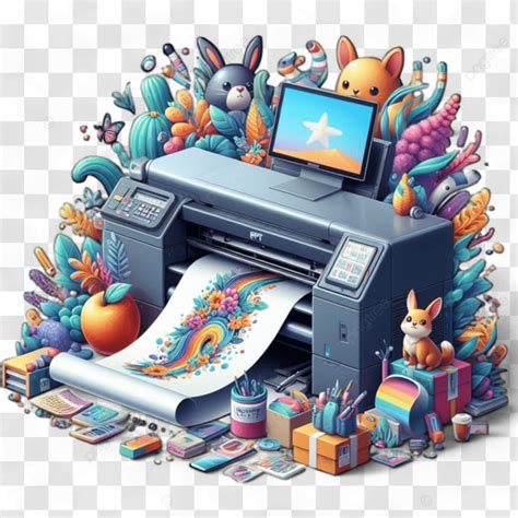 다양한 색상의 클립아트 자료를 표면에 보여주는 다양한 항목으로 둘러싸인 프린터 다양한 품목으로 둘러싸인 프린터 표면에 다양하고 다채로운 클립아트 소재를 보여줍니다 만화
