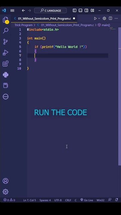 c language program using if print hello world without semicolon code c language vscode yt