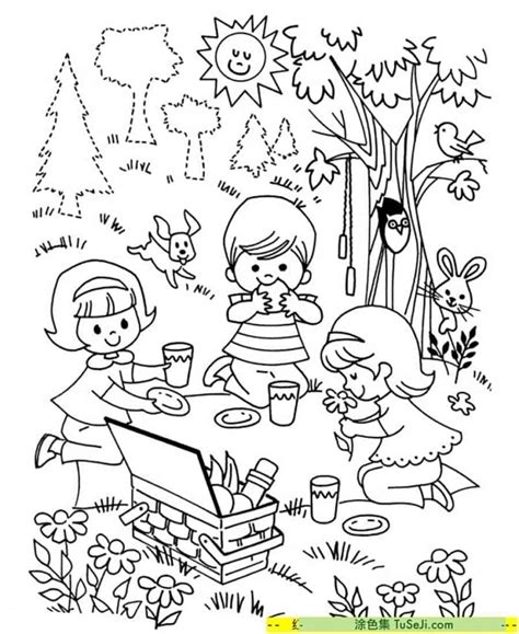 10张春日野餐的孩子们可爱的小猫咪美丽的花朵涂色图纸免费下载！ 涂色集，涂色画打印大图 步骤1：画草地在画面的下半部分，用一条水平的曲线表示地面。在地面上画一些小草，可以用简单的竖线