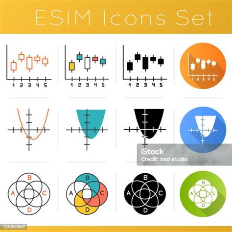 차트 및 그래프 아이콘 설정입니다 함수 곡선입니다 삼각과 수학 촛대 차트 상자 플롯 인포그래픽 벤 다이어그램 플랫 디자인 선형