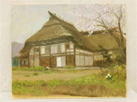 Yahoo オークション E3258 長生玲子 8 茅葺の家春景 油彩 F8