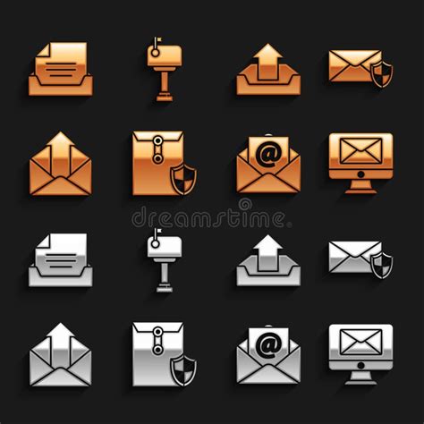 Set Envelope With Shield Monitor And Envelope Mail E Mail Outgoing Upload Inbox Drawer