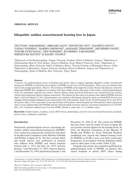 Pdf Idiopathic Sudden Sensorineural Hearing Loss In Japan
