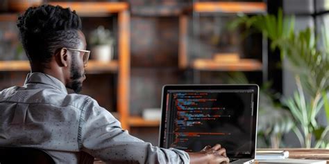 A Man Coding On A Laptop Screen Back View Closeup Shot Concept Programming Technology Coding