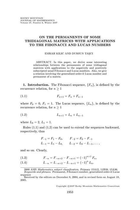 Pdf On The Permanents Of Some Tridiagonal Matrices With Applications
