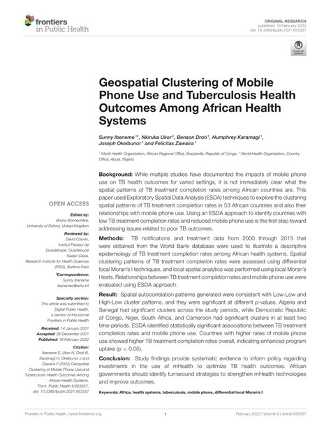 PDF Geospatial Clustering Of Mobile Phone Use And Tuberculosis Health Outcomes Among African