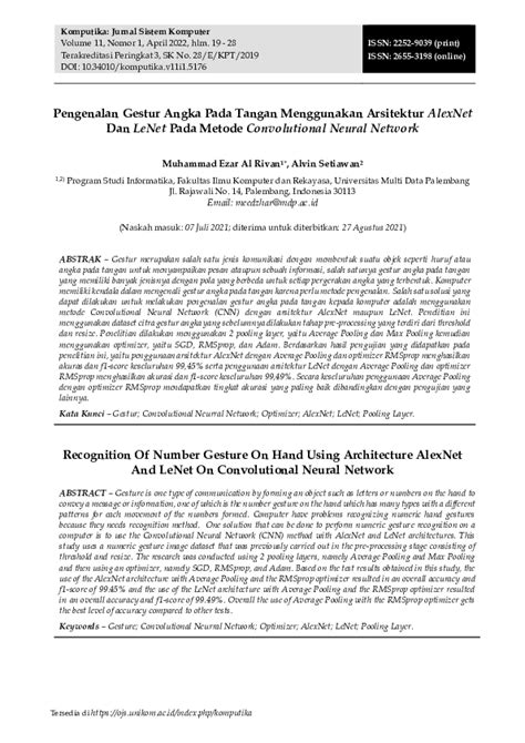 Pdf Pengenalan Gestur Angka Pada Tangan Menggunakan Arsitektur Alexnet Dan Lenet Pada Metode