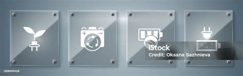 재활용 기호와 전기 절약 플러그가 있는 에코 네이처 리프 배터리설정 정사각형 유리 패널 벡터 개념에 대한 스톡 벡터 아트 및 기타 이미지 Istock