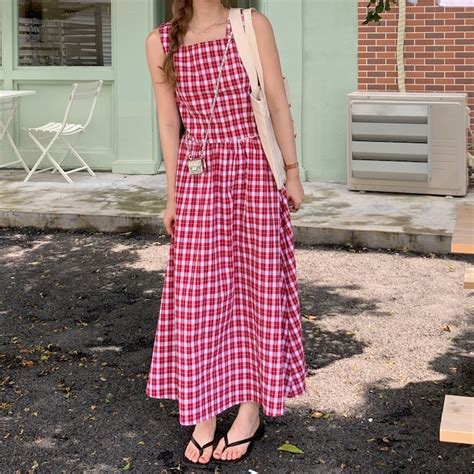 코디세트스퀘어넥 체크패턴 슬리브리스허리밴딩 체크패턴 플레어 롱스커트 세트 2k107885e