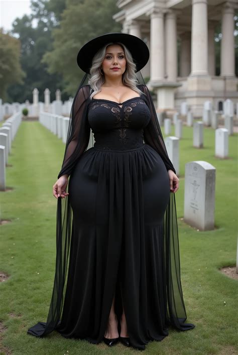 A Woman In A Black Dress And Hat Standing In A Cemetery Seaart Ai