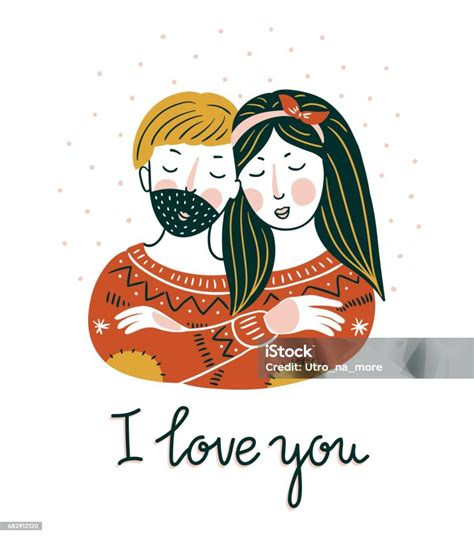 발렌타인 데이 벡터 카드 아름 다운 소녀와 소년 글자와 스 칸디 나 비아 스타일에서 포용당신을 사랑 합니다 2월에 대한 스톡