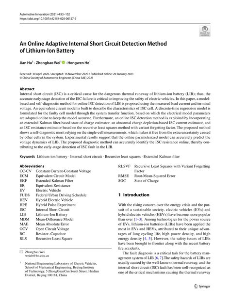 Pdf An Online Adaptive Internal Short Circuit Detection Method Of Lithium Ion Battery
