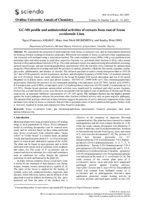 Pdf Gc Ms Profile And Antimicrobial Activities Of Extracts From Root Of Senna Occidentalis
