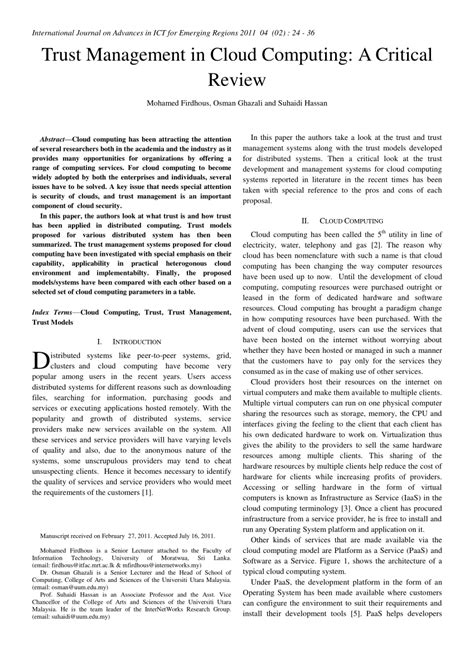 Pdf Trust Management In Cloud Computing A Critical Review