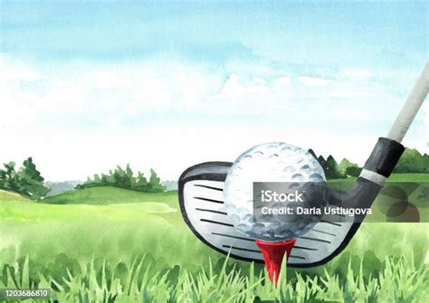 잔디에 골프 클럽과 공 풍부한 잔디와 아름 다운 녹색 필드와 골프 코스의 보기 손으로 그린 수채화 일러스트와 배경 골프에 대한 스톡 벡터 아트 및 기타 이미지 Istock