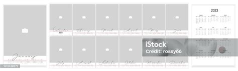 벽 월간 사진 달력 2023 간단한 월간 수직 사진 달력 영어로 2023 년 레이아웃 커버 캘린더 12개월 템플릿 주간은 월요일 산데이부터 시작됩니다 벡터 일러스트 레이 션