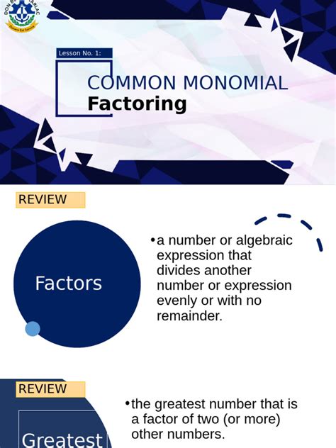 Lesson 1 Common Monomial Factoring Pdf Factorization Polynomial