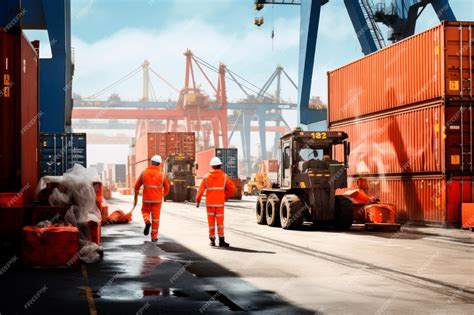Premium Ai Image Cargo Port Operations Workers Loading And Unloading Shipping Containers