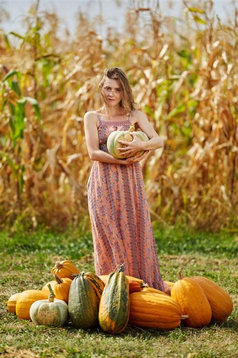 Autumn Princess With Pumpkins Stock Image Image Of Maize Gardening