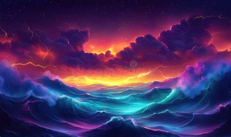 Vibrant Ocean Waves Under Dramatic Sunset Sky With Colorful Clouds And Lightning Stock Image