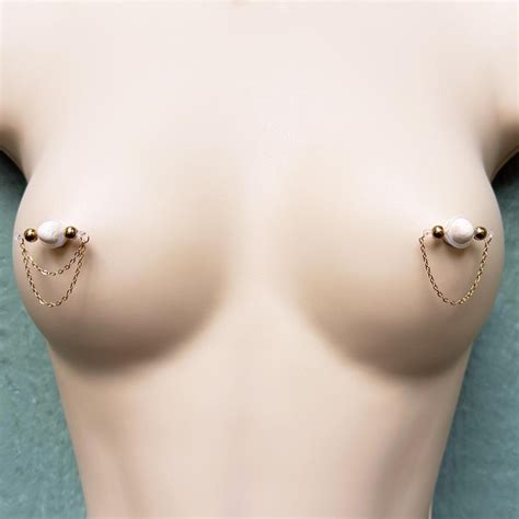 Pair Of Fake Nipple Rings With Gold Chains Barbell Non Piercing Nipple