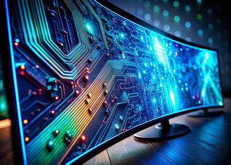 Intricate Night Office Workflow A Macro View Of A Curved Monitor Displaying Data Flow