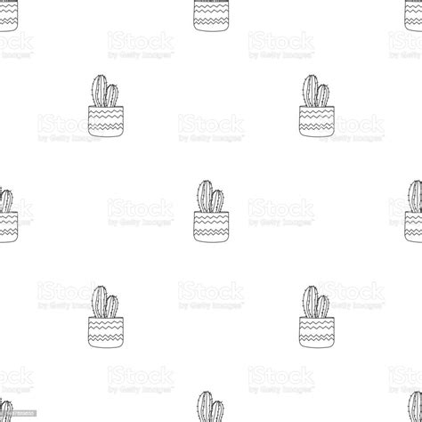 냄비에 즙이 많은 손으로 그린 낙서의 매끄러운 패턴 흑백 라인 아트 선인장 손으로 그린 귀여운 선인장 카드 포스터 패브릭 0명에 대한 스톡 벡터 아트 및 기타 이미지