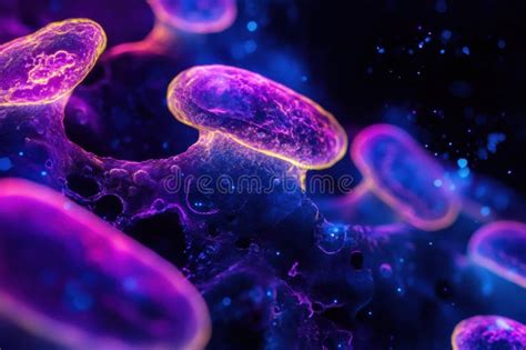 Glowing Bacteria Illuminated By Ultraviolet Light In A Dark Environment Showcasing Vibrant