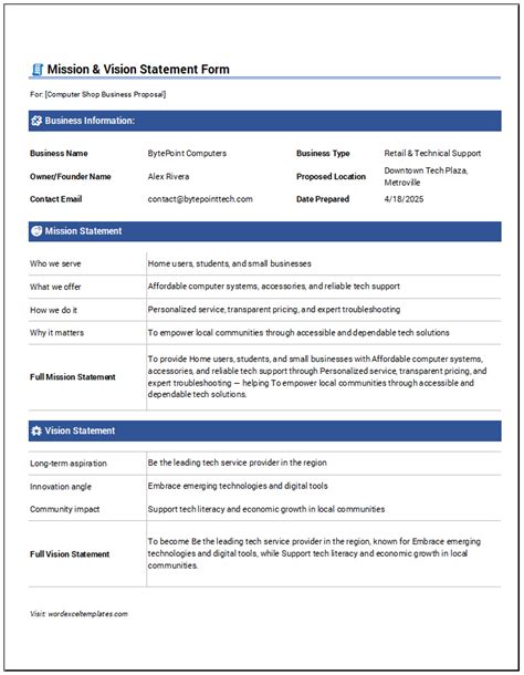 Mission And Vision Statement Form For Excel Download File
