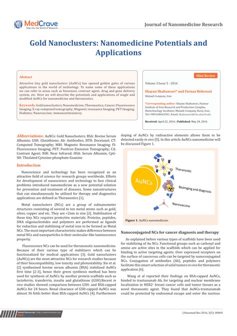 Pdf Gold Nanoclusters Nanomedicine Potentials And Applications