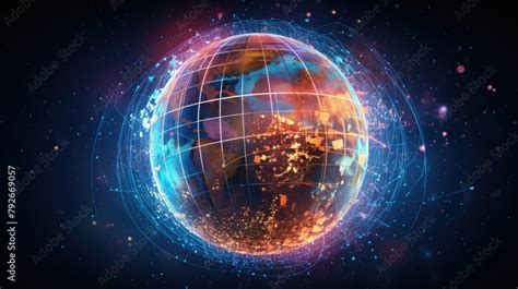 Abstract Holographic Globe Surrounded By Digital Data Streams Global Connectivity Stock