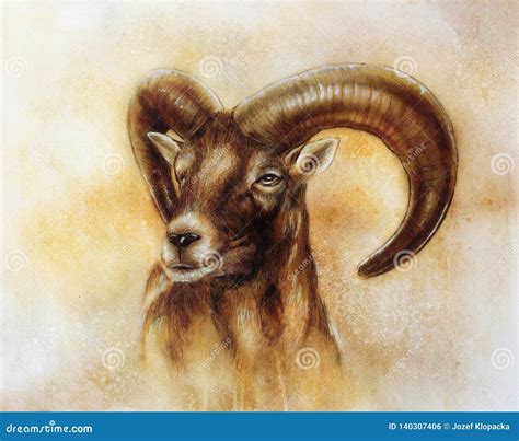 Drawing Of Male Wild Sheep With Mighty Horns On Abstract Blurry Background Stock Illustration