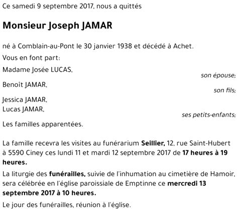 Avis De Décès De Joseph Jamar Décédé Le 09 09 2017 à Achet Annonce Condoléances Fleurs Etc