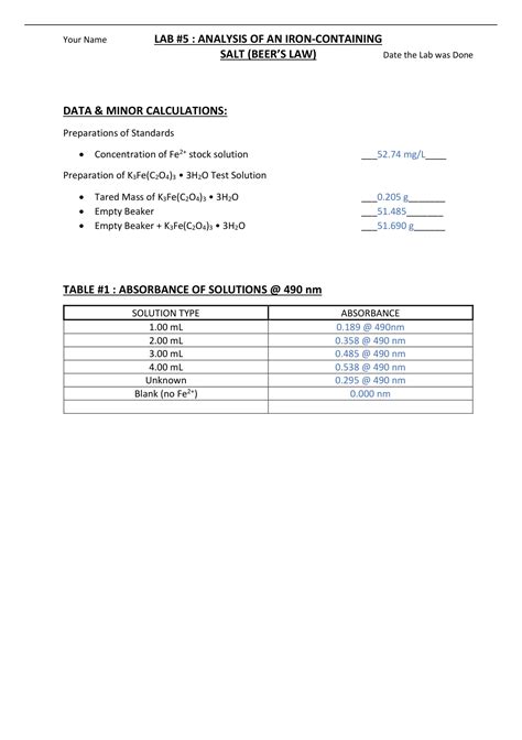 CHEM 1120 Lab 5 Analysis Of An Iron Containing Salt CHEM 1120 Stuvia