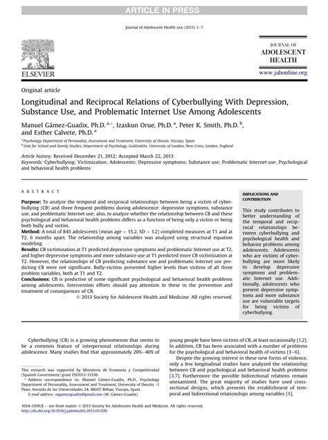 Pdf Longitudinal And Reciprocal Relations Of Cyberbullying With Depression Substance Use And