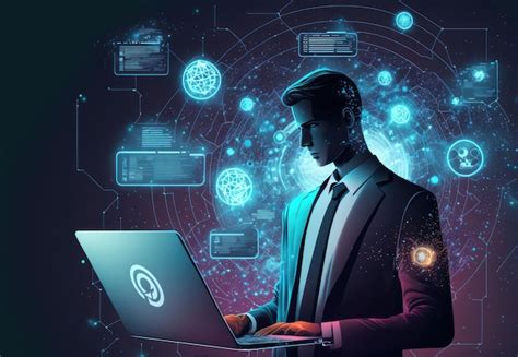 Premium Photo A Man In A Suit Is Using A Laptop With The Word