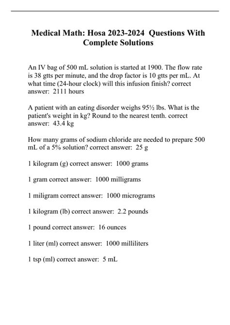 Medical Math Hosa Questions With Complete Solutions Hosa Stuvia Us