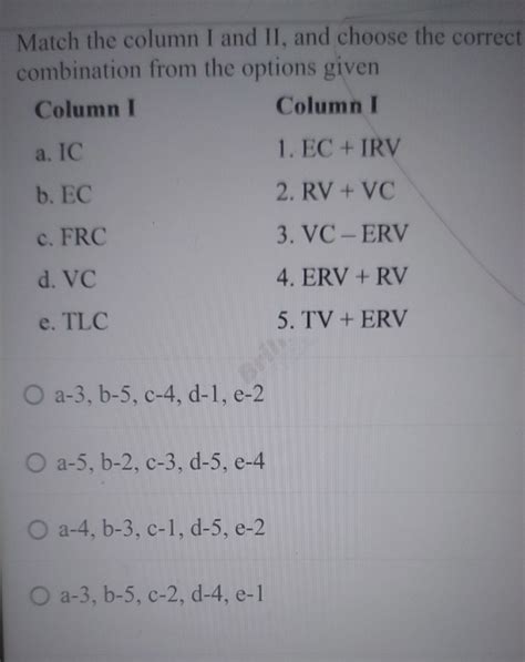 Match The Column I And Ii And Choose The Correct Combination From The Op