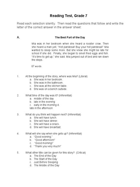 Reading Test Grade 7 Pdf Worksheets Library